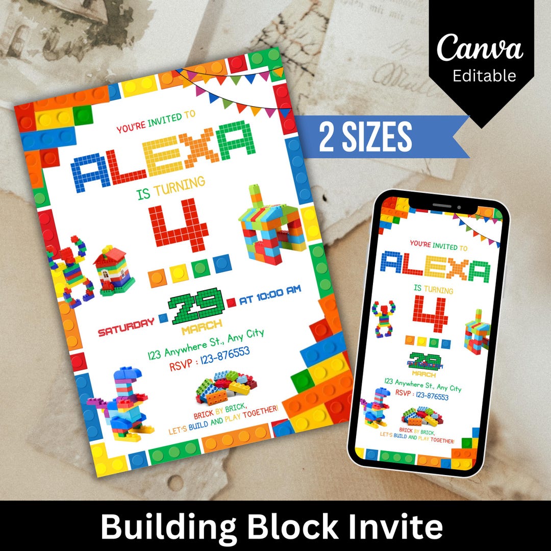 Editable Building Blocks Birthday Invitation, Building Bricks Birthday ...
