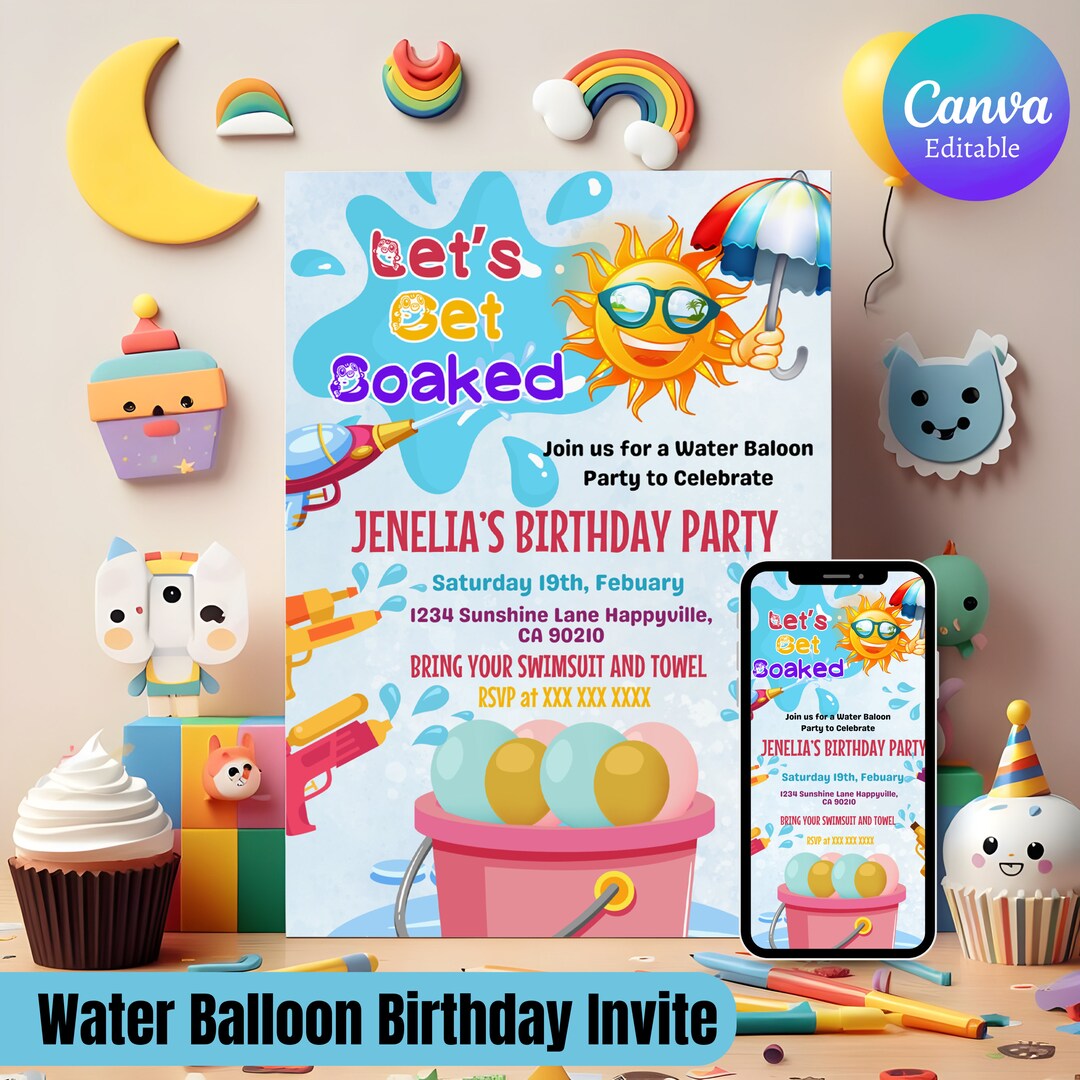 Water Balloon Birthday Invitation, Printable Water Gun Birthday Invite ...