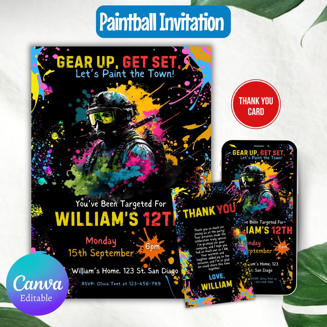 Editable Paintball Party Invitation, Paintball Birthday Invitation for ...