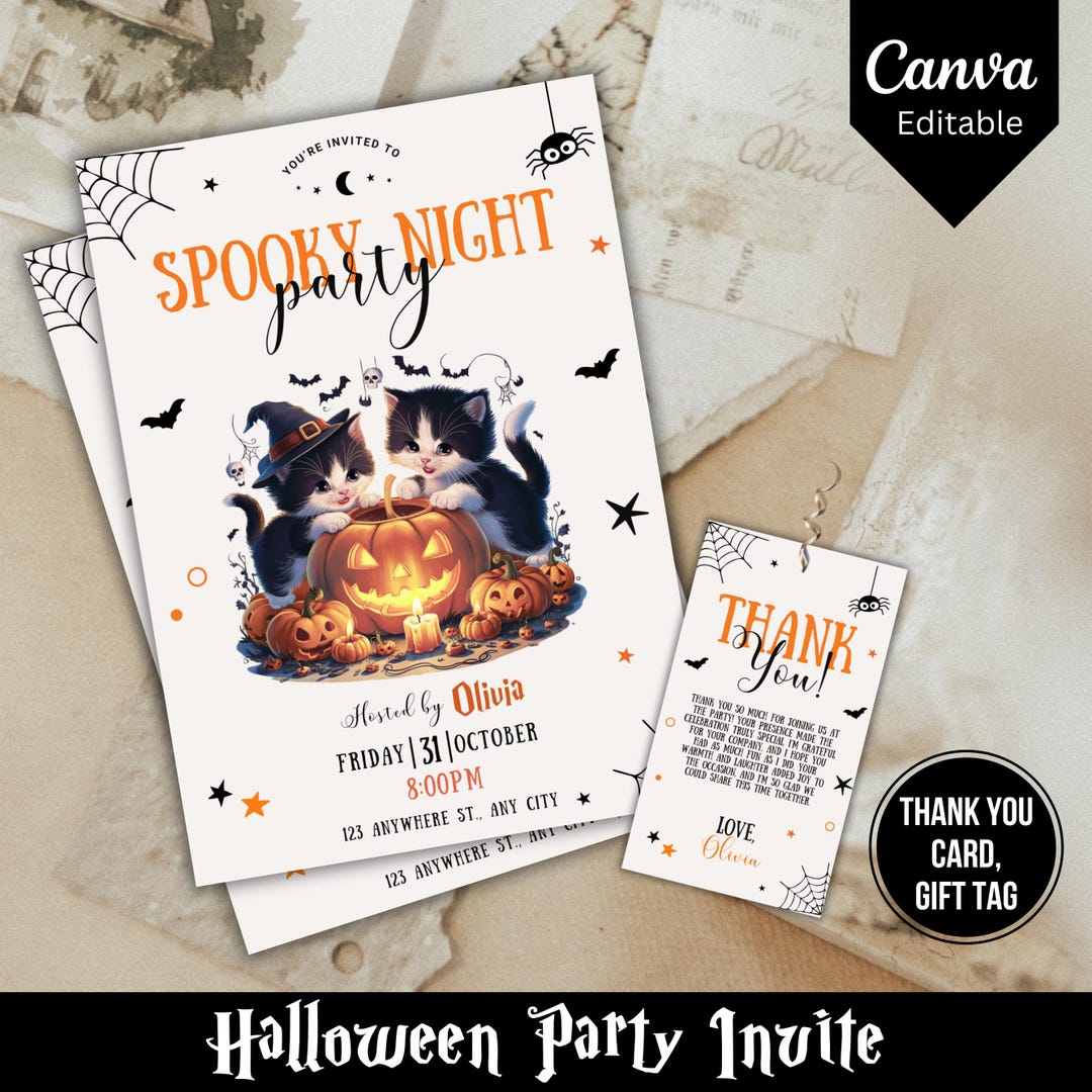 Editable Halloween Party Invitation, Black Cat Halloween Party Invite ...
