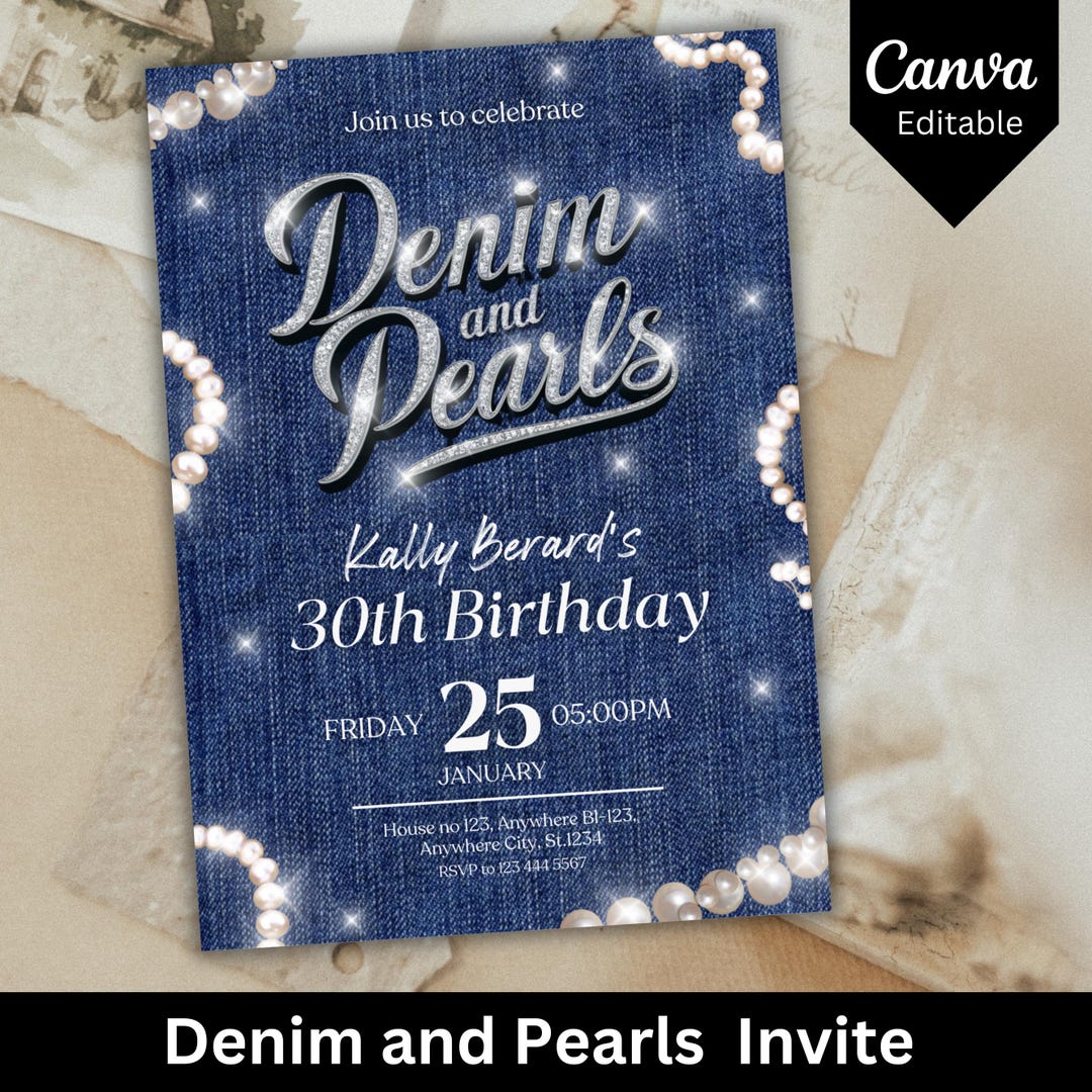 Denim and Pearls Birthday Invitation Template, Printable Pearl and ...