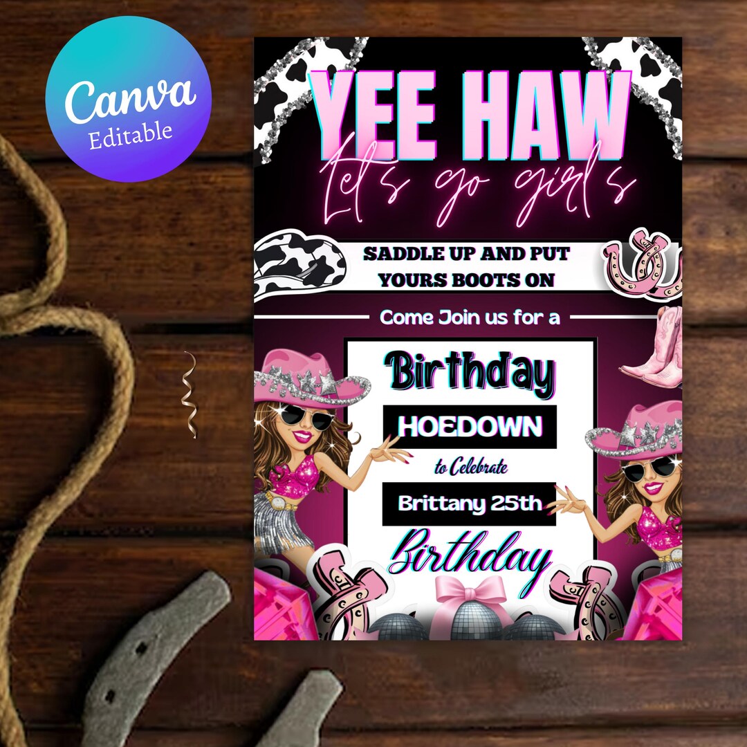 Editable Pink Disco Cowgirl Hoedown Birthday Party, Cowgirl Birthday ...