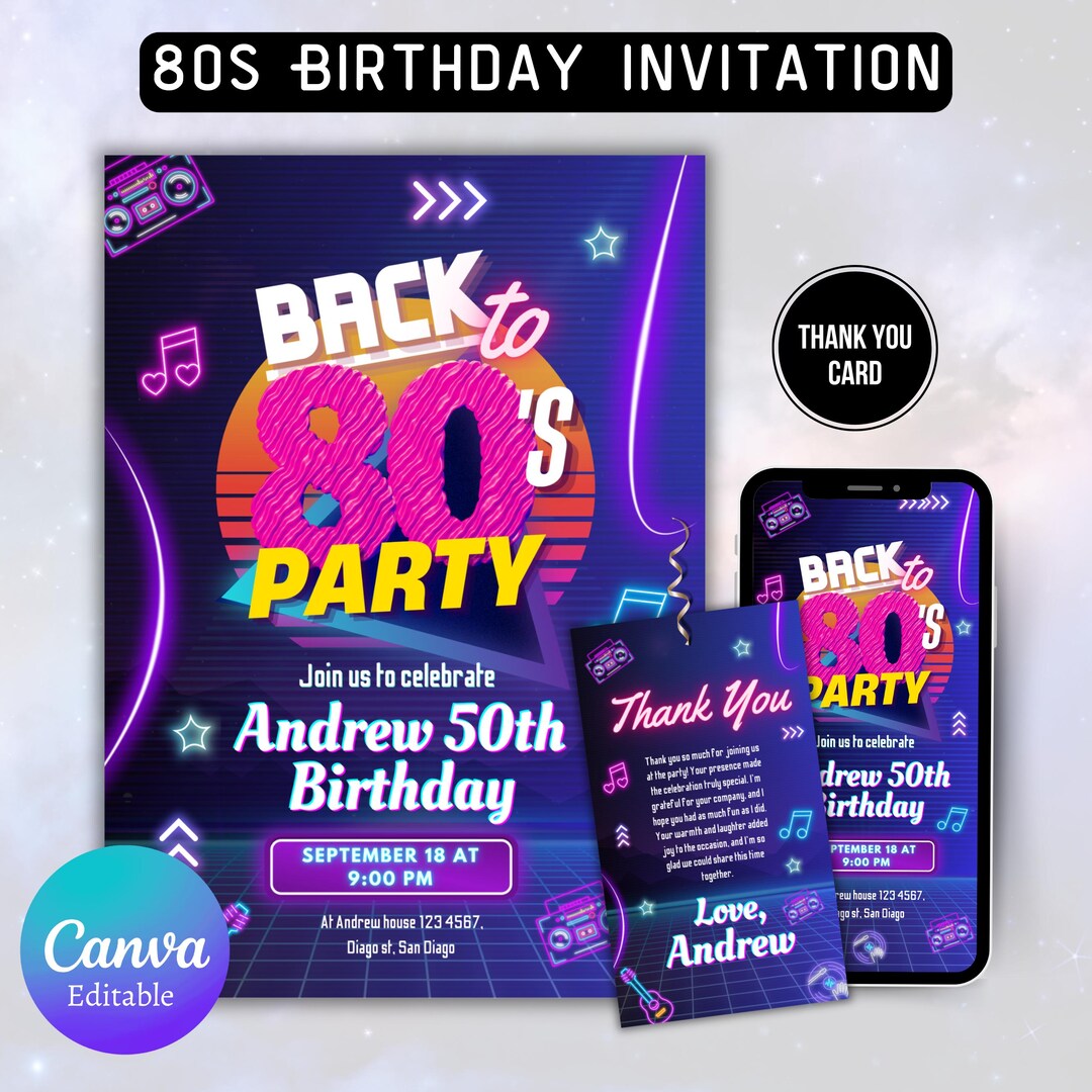 80s Birthday Invitation, Editable 80s Birthday Party Invite, 80s Theme ...