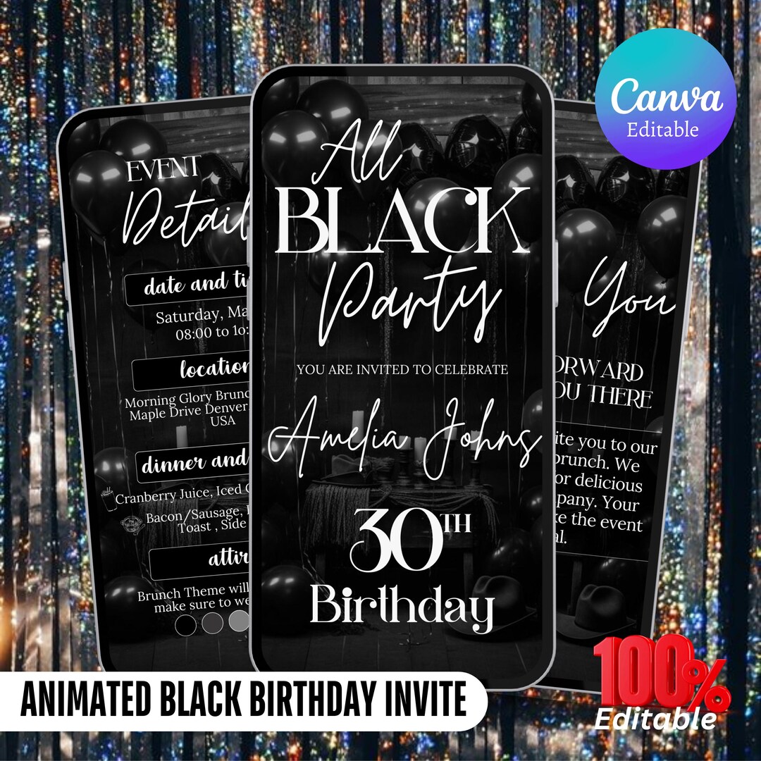 All Black Birthday Invitation Template, Digital Black Birthday Invite ...
