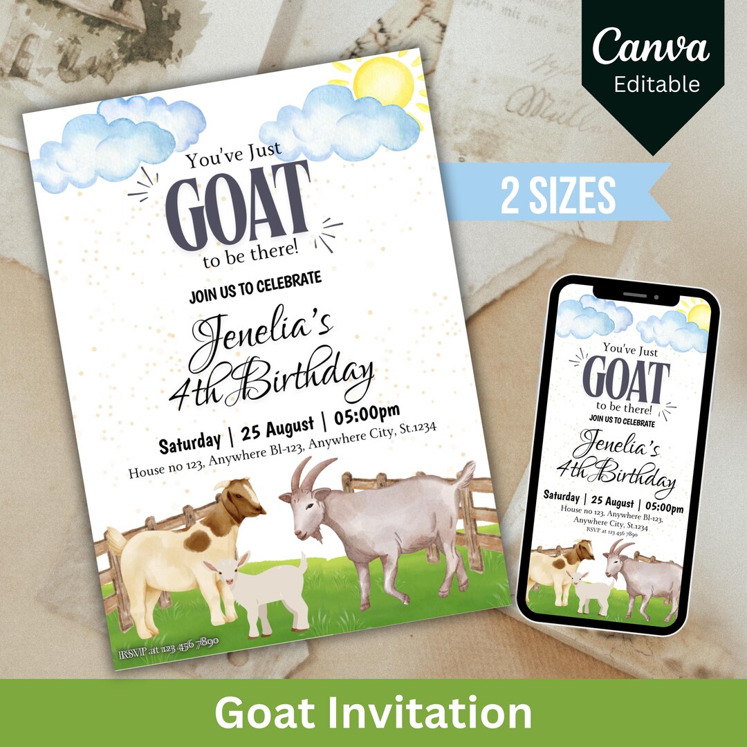 Editable Goat Invitation, Cute Baby Goats Invitation, Goat Theme ...