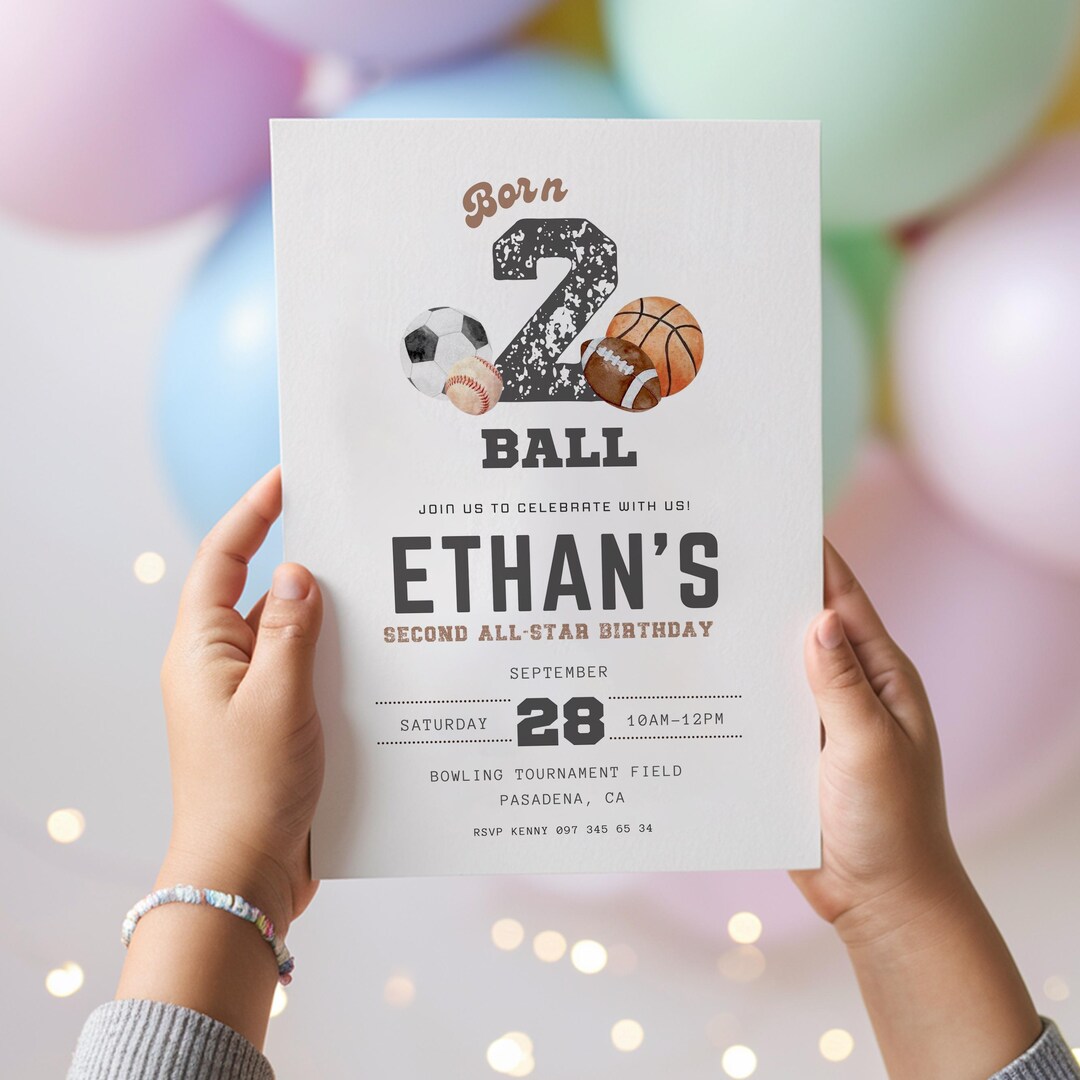 Editable Born 2 Ball Invitation for Boys, 2nd Birthday Invite Template ...