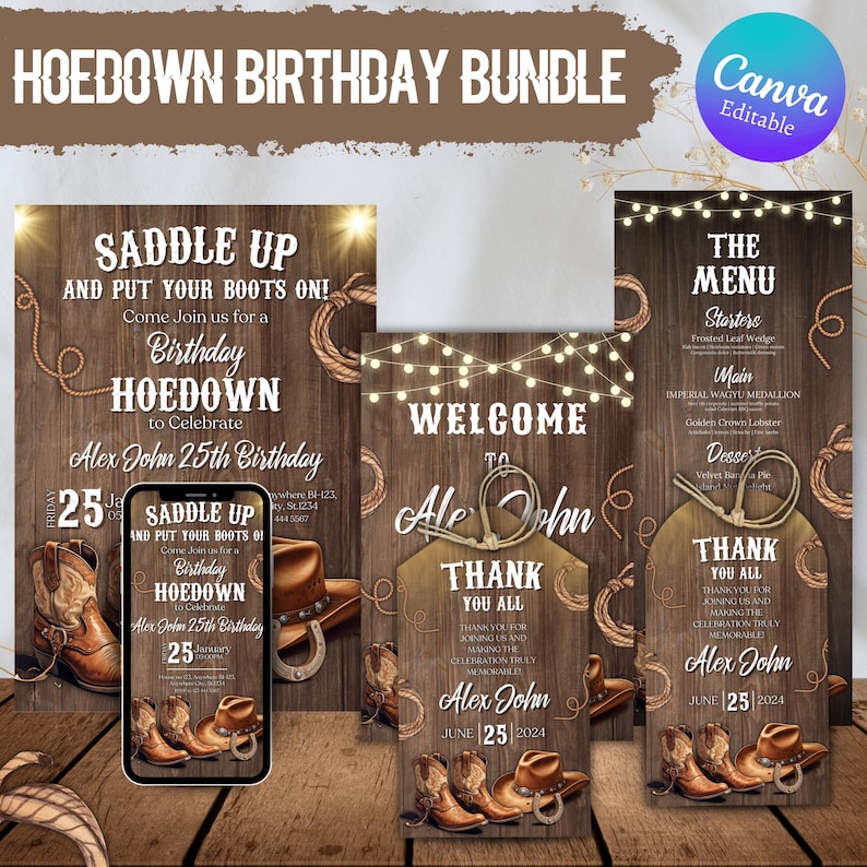 Editable Western Hoedown Birthday Bundle, Cowboy Boots Digital ...