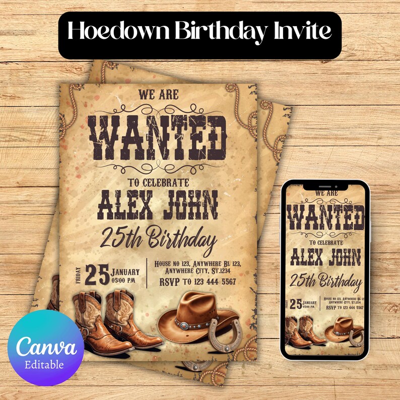 Editable Country Western Invitation, Cowboy Hat Invitation, Rustic Wood ...