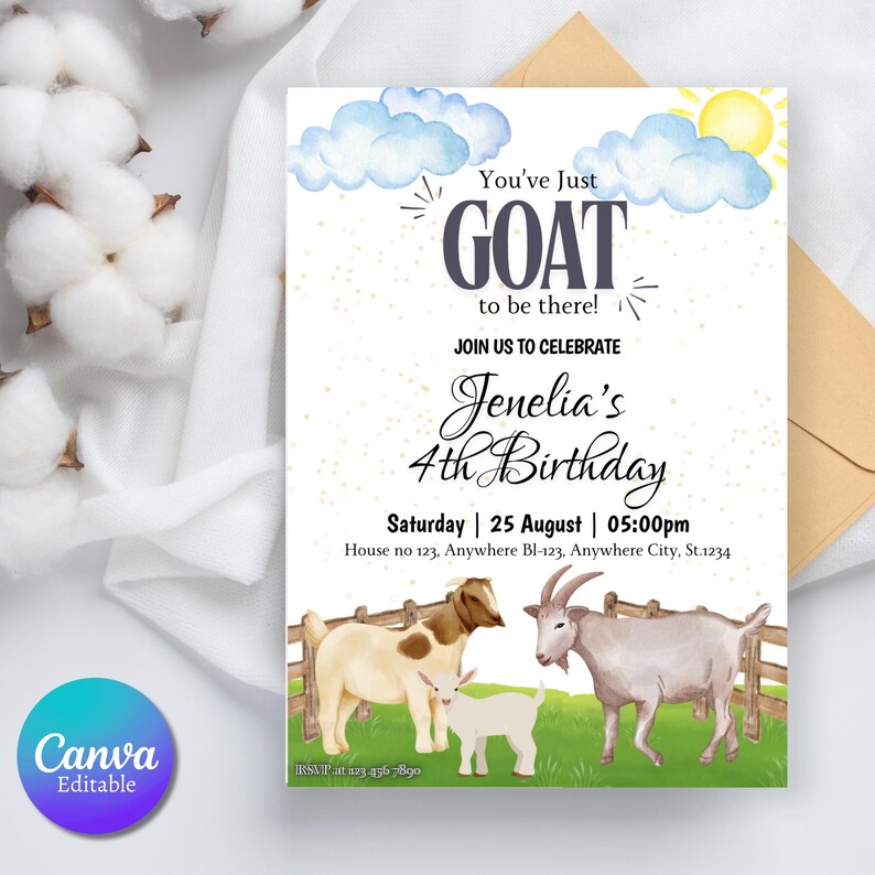 Editable Goat Invitation, Cute Baby Goats Invitation, Goat Theme ...