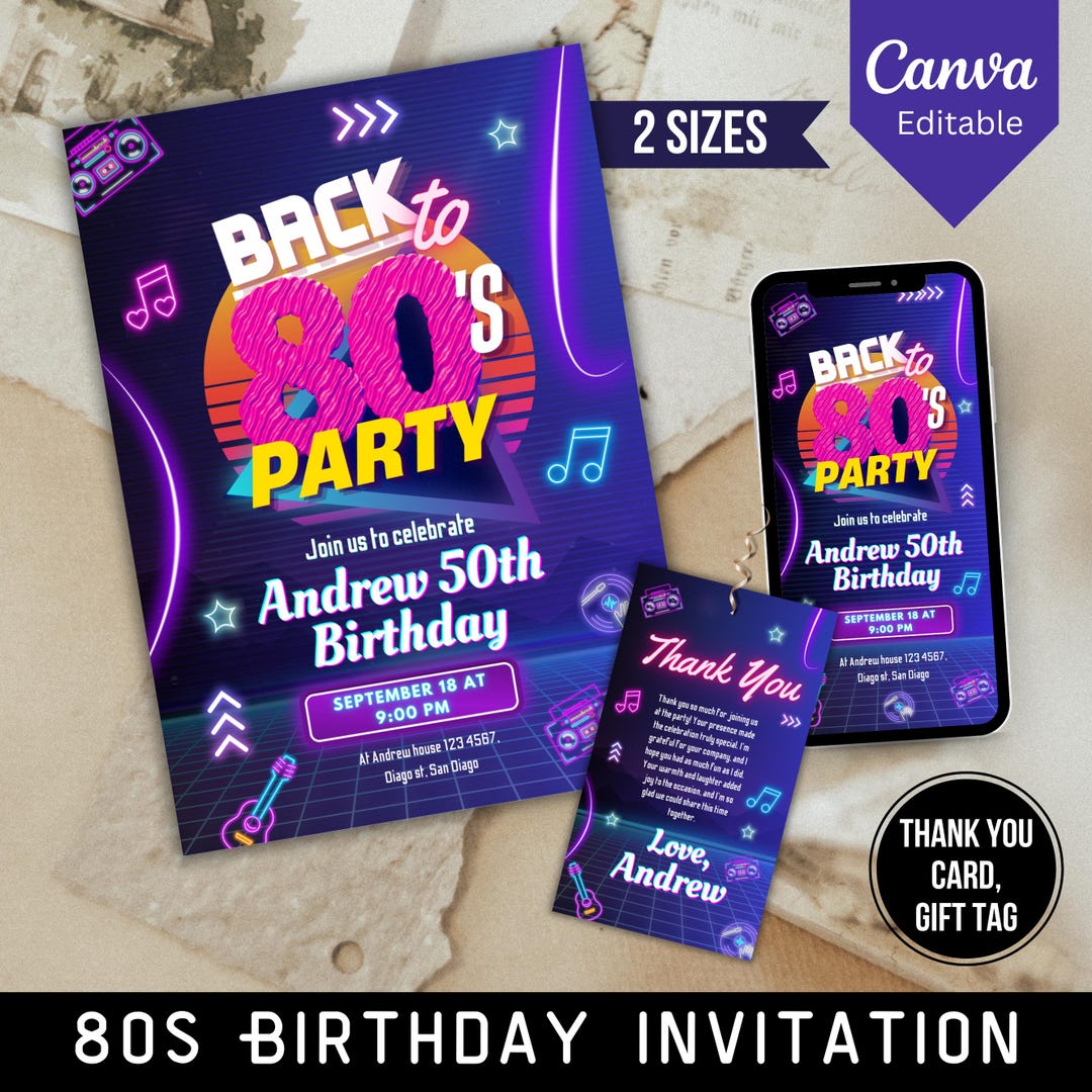 80s Birthday Invitation, Editable 80s Birthday Party Invite, 80s Theme ...