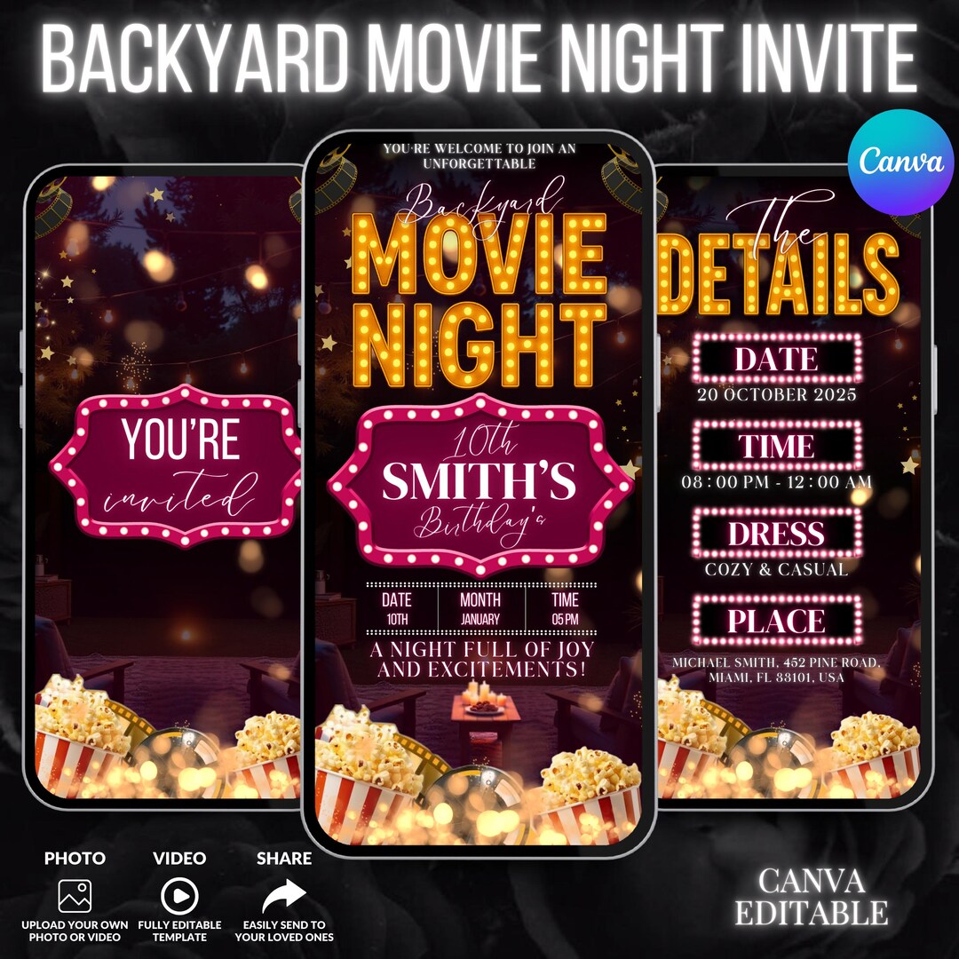 Backyard Movie Night Birthday Invitation, Pink Movie Night Birthday ...