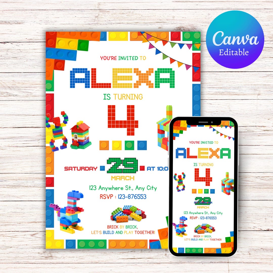 Editable Building Blocks Birthday Invitation, Building Bricks Birthday ...