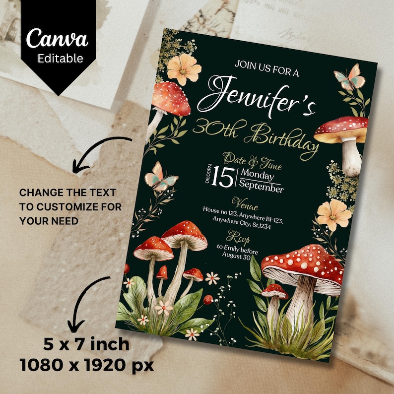 Editable Mushroom Birthday Invitation, Moody Mushroom Birthday Invite ...