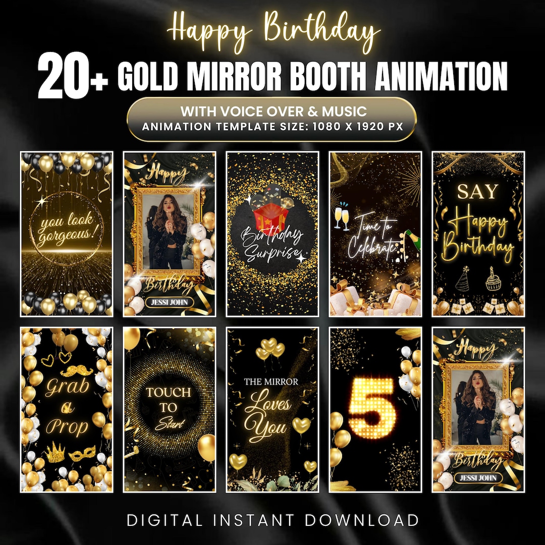 Mirror Booth Animations for Birthday, Gold & Black Animations, Touch to ...