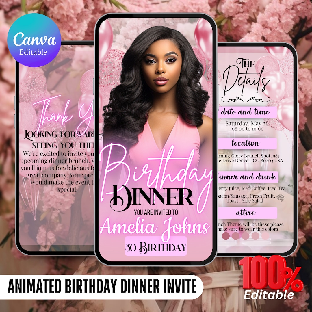 Digital Birthday Dinner Invitation, Pink Birthday Dinner Animated ...
