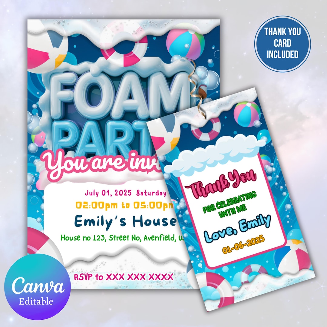 Foam Party Invitation, Editable Foam Party Invite, Bubble Birthday Card ...
