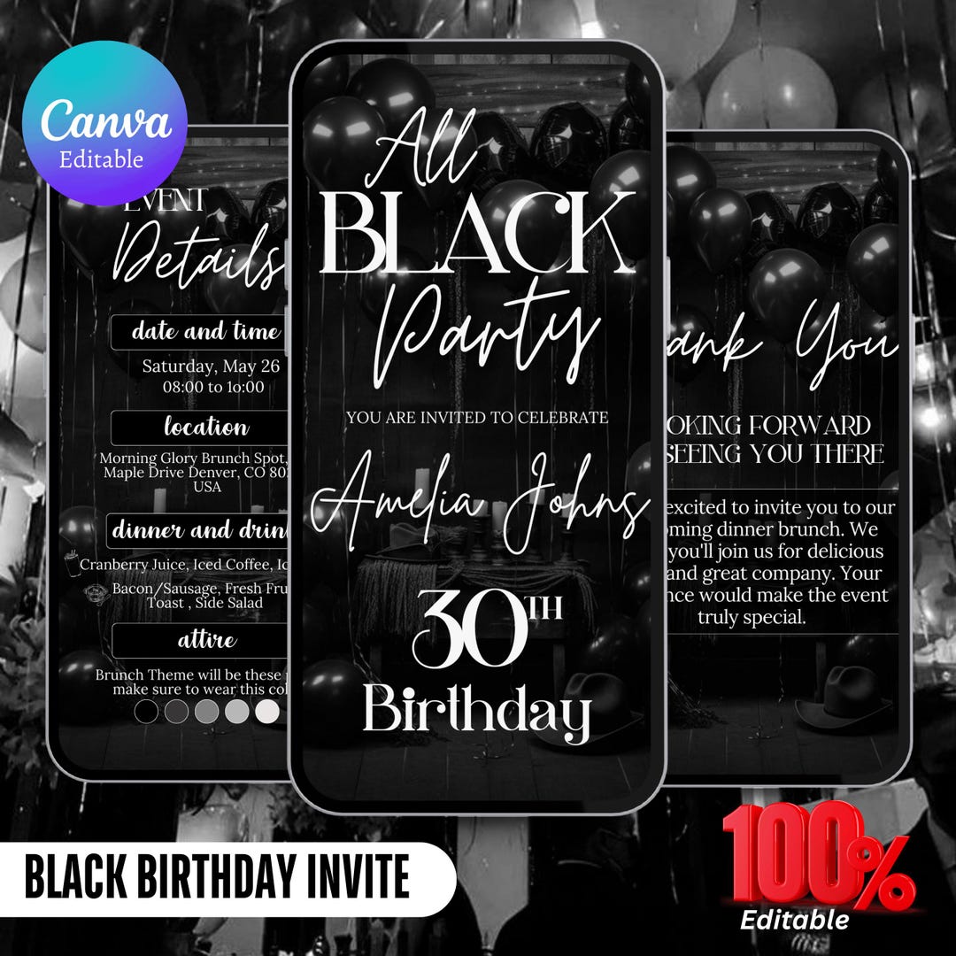 All Black Birthday Invitation Template, Digital Black Birthday Invite ...