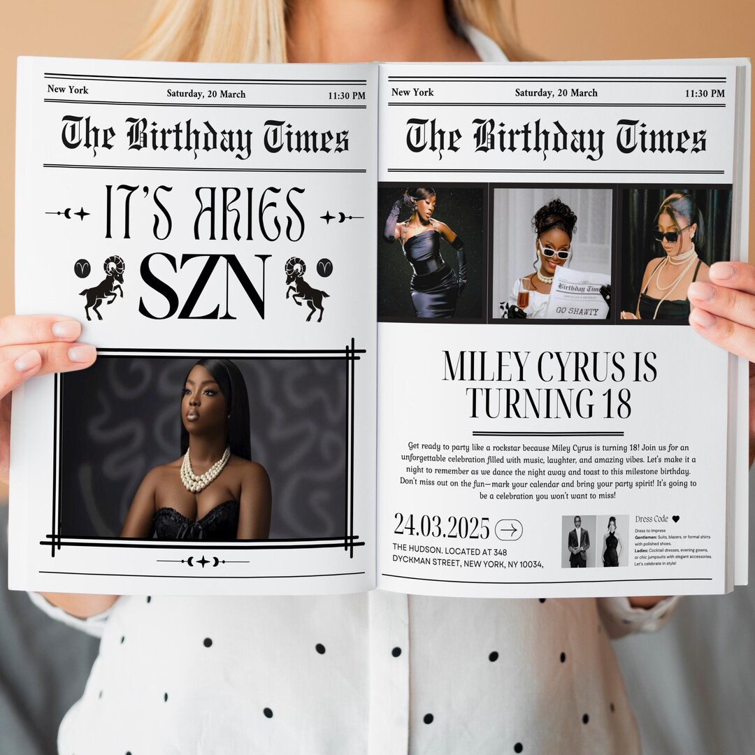 Aries Birthday Newspaper Template, Canva Birthday Newspaper Template ...