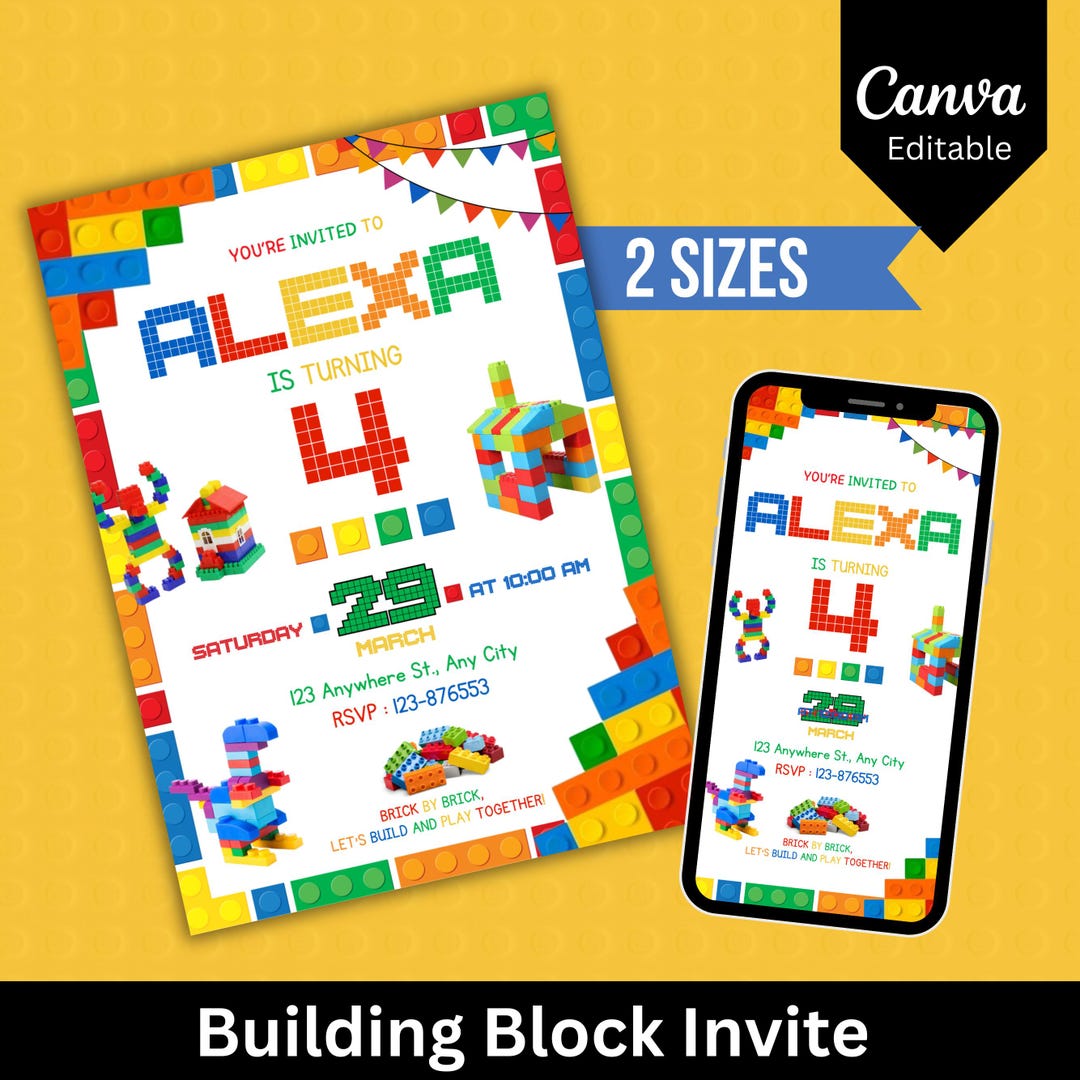Editable Building Blocks Birthday Invitation, Building Bricks Birthday ...