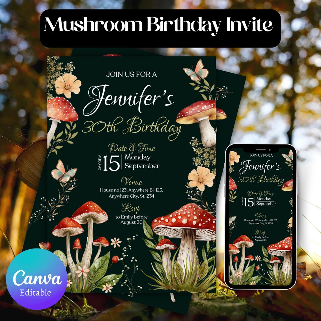 Editable Mushroom Birthday Invitation, Moody Mushroom Birthday Invite ...