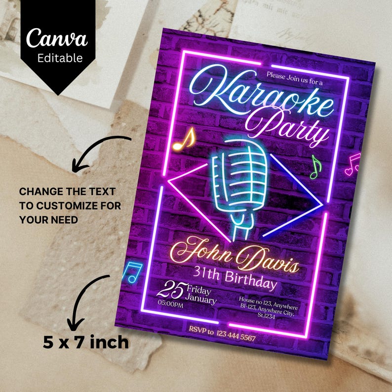 Editable Karaoke Party Invitation, Karaoke Birthday Party Invitation ...