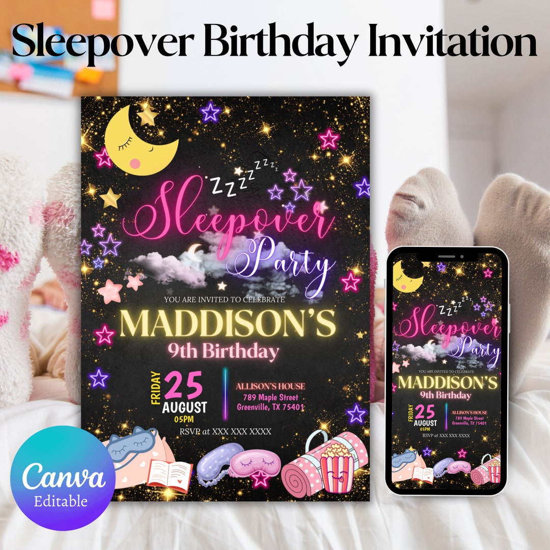 Sleepover Birthday Invitation, Printable Slumber Party Invite, Neon ...