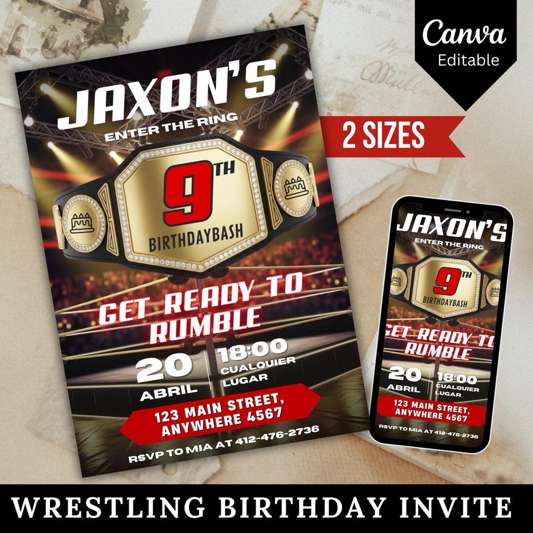 Editable Wrestling Birthday Invitation, Championship Belt Party Invite ...