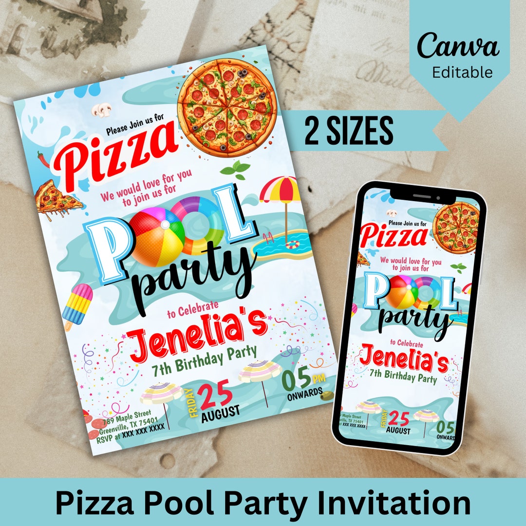 Pizza Pool Party Birthday Invitation, Printable Boy Pool Party Invite ...