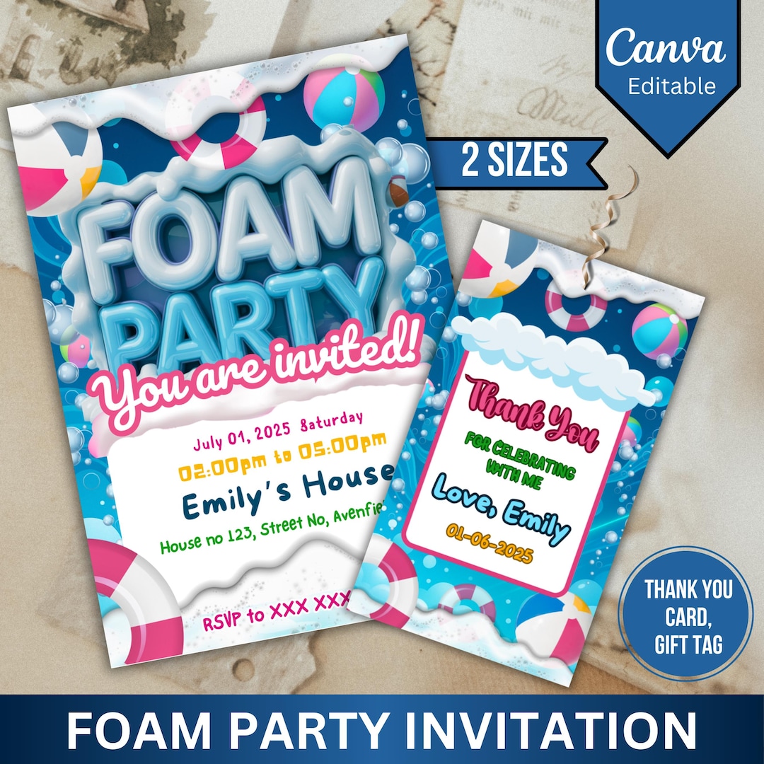 Foam Party Invitation, Editable Foam Party Invite, Bubble Birthday Card ...