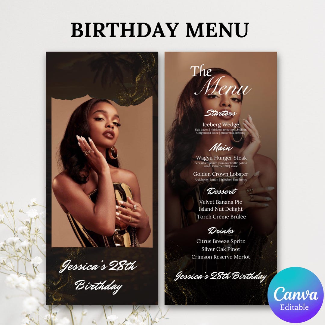 Editable Birthday Picture Menu, Black and Gold Full Picture Menu and ...