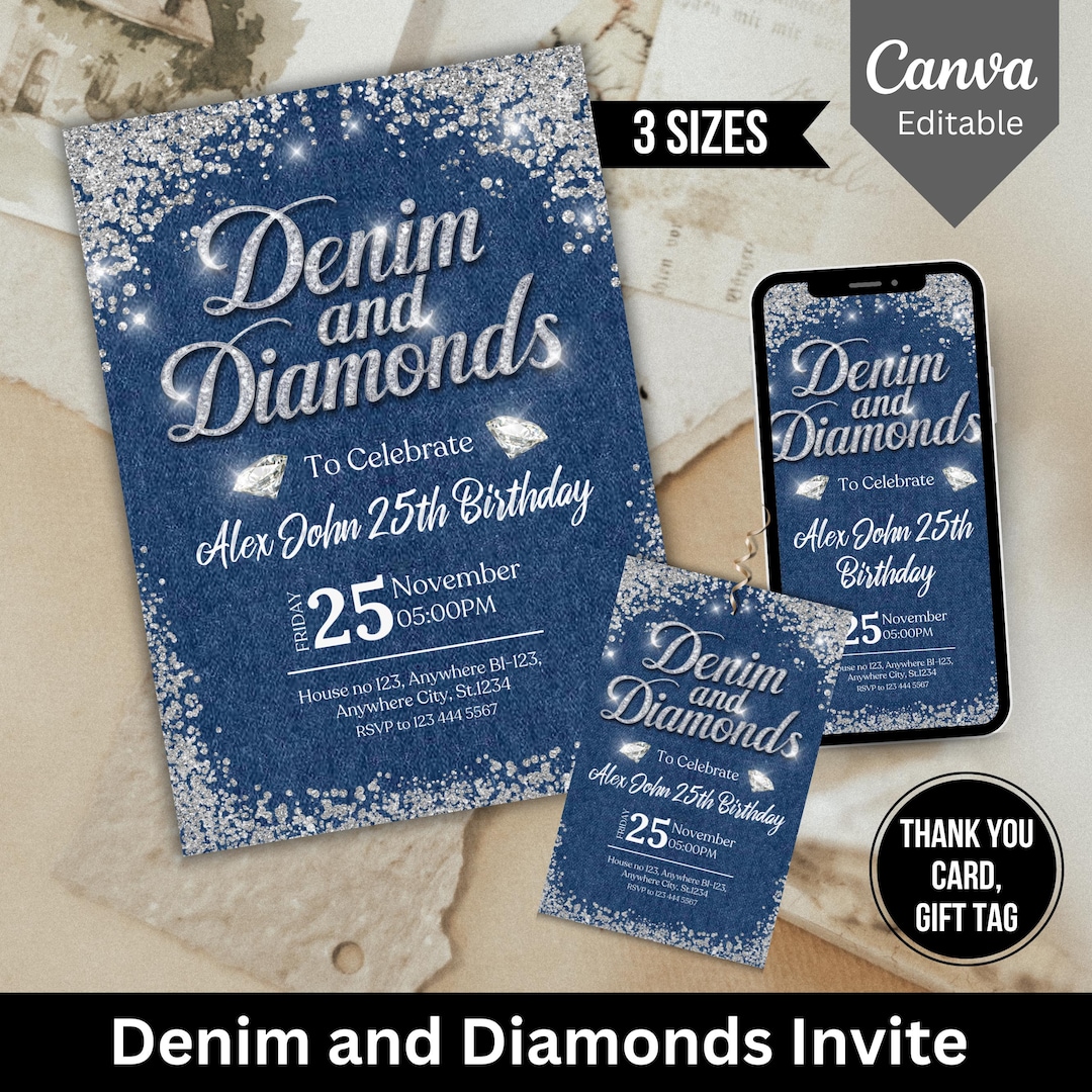 Denim and Diamonds Invitation, Editable Denim & Diamonds Birthday Party ...