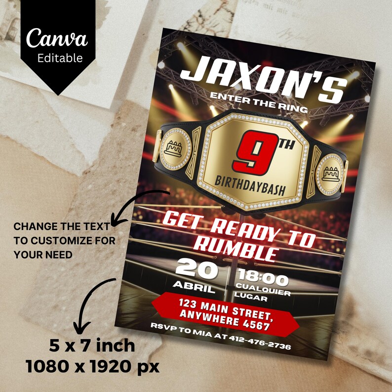 Editable Wrestling Birthday Invitation, Championship Belt Party Invite ...