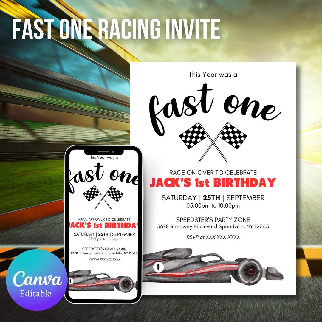FAST ONE First Birthday Invitation, Printable Racing Car 1st Birthday ...
