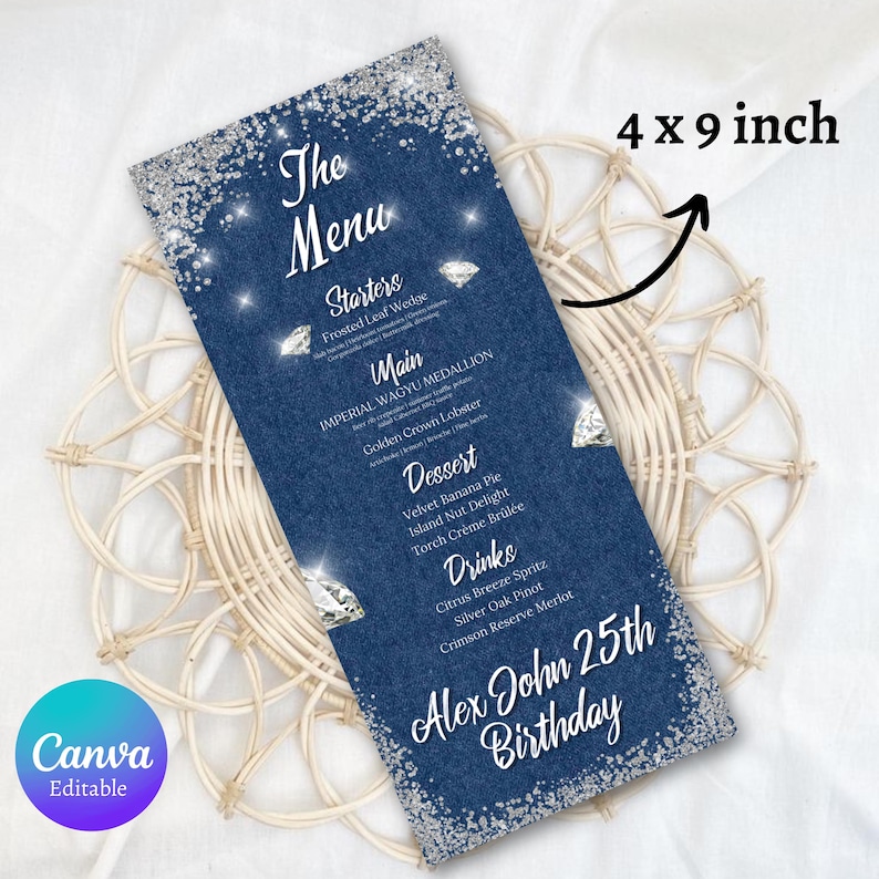 Denim and Diamonds Birthday Menu, Editable Denim & Diamonds Birthday ...