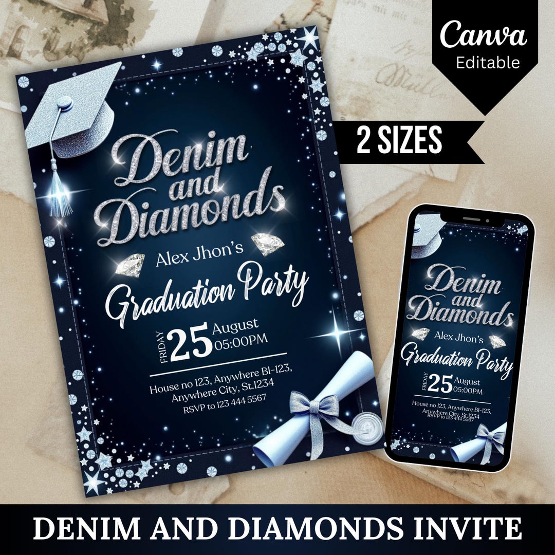 Denim and Diamonds Graduation Invitation, Editable Denim Graduation ...