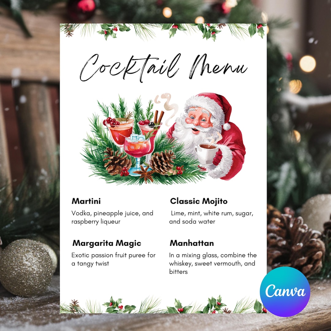 Christmas Cocktail Menu Sign Template, Holiday Party Bar Printable ...