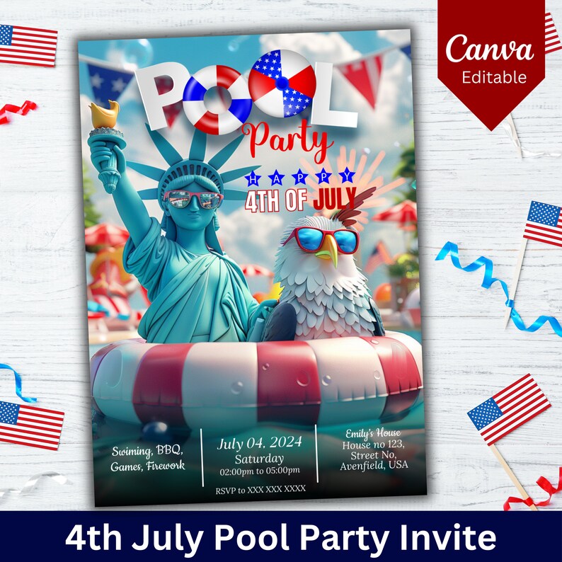 4th of July Pool Party Invitation, Printable Pool Party Invite ...