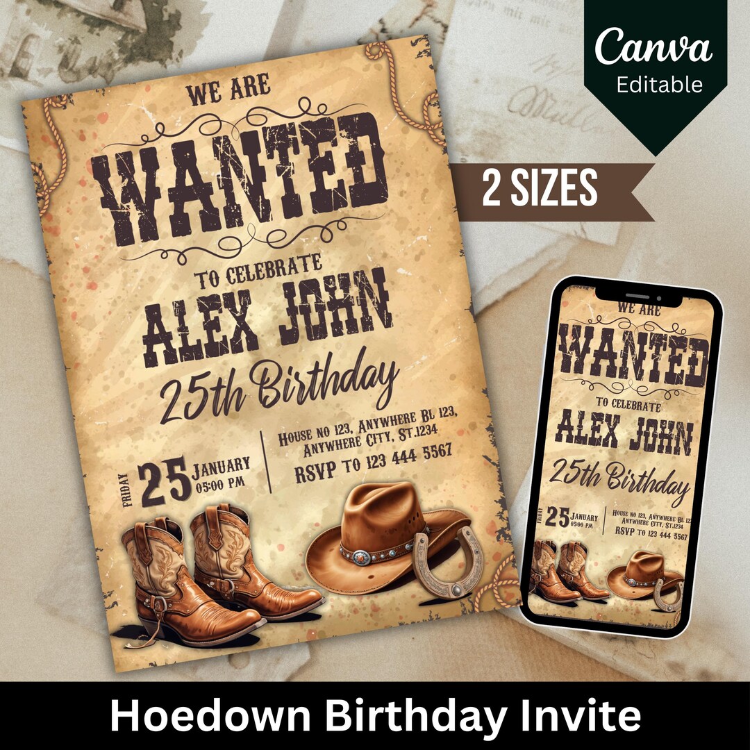 Editable Country Western Invitation, Cowboy Hat Invitation, Rustic Wood ...