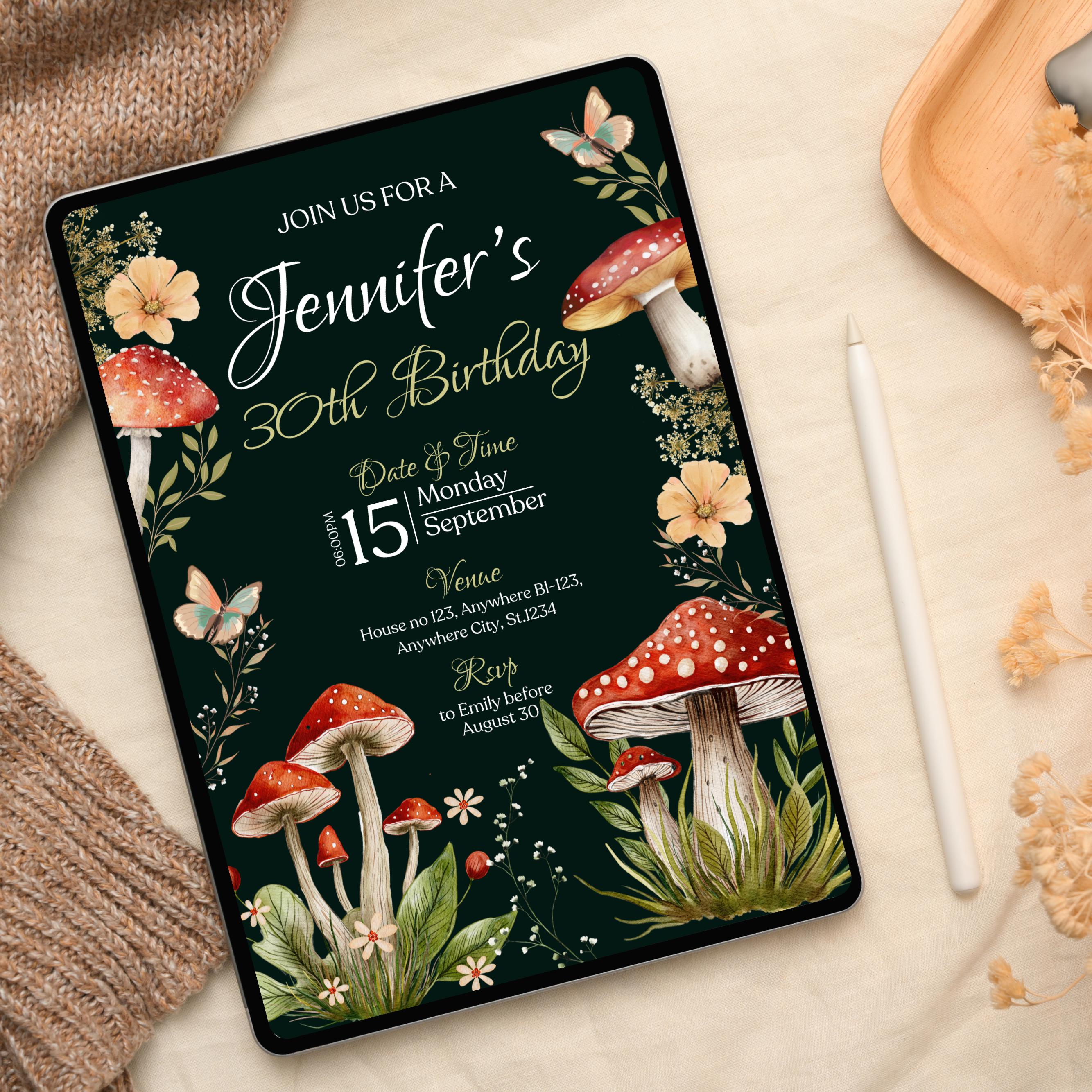 Editable Mushroom Birthday Invitation, Moody Mushroom Birthday Invite ...