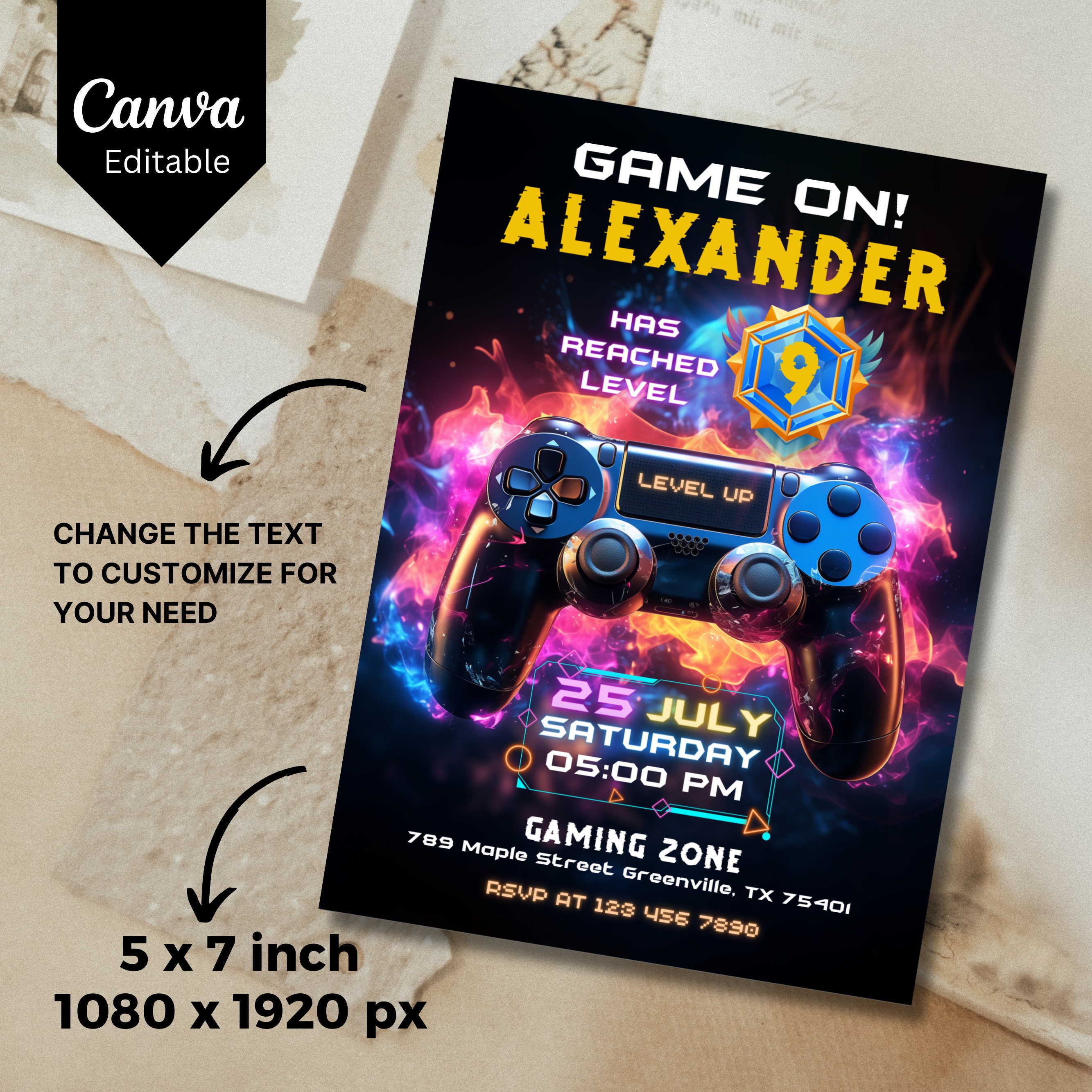 Video Game Birthday Invitation, Printable Neon Game Level up Birthday ...
