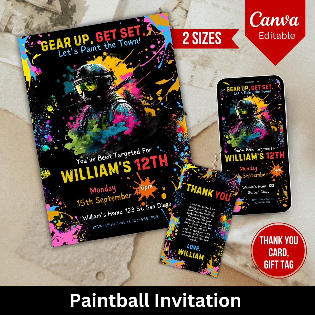 Editable Paintball Party Invitation, Paintball Birthday Invitation for ...