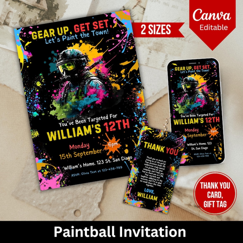 Editable Paintball Party Invitation, Paintball Birthday Invitation for ...
