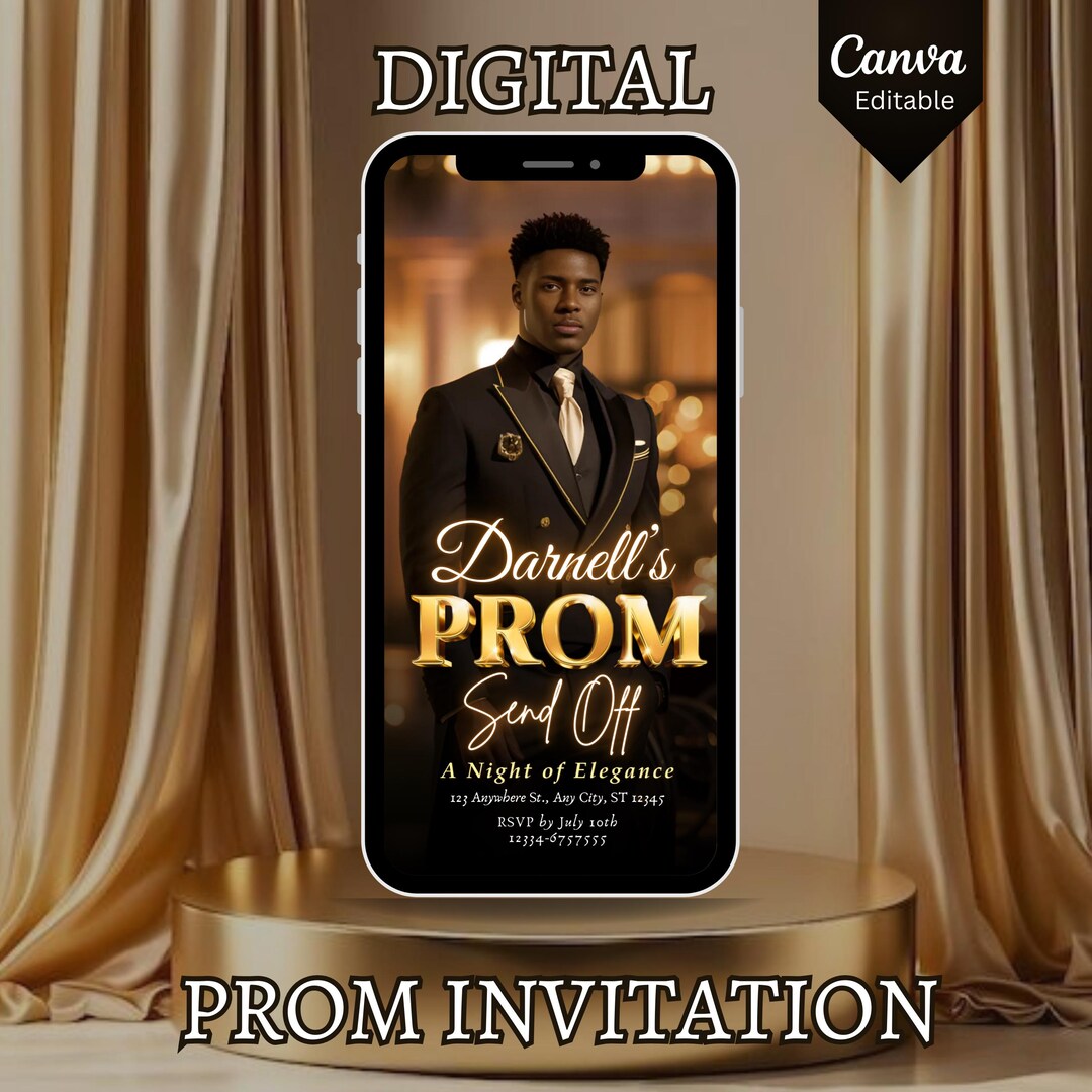 Prom Send off Invitation, Digital Black Gold Boys Editable Invite ...
