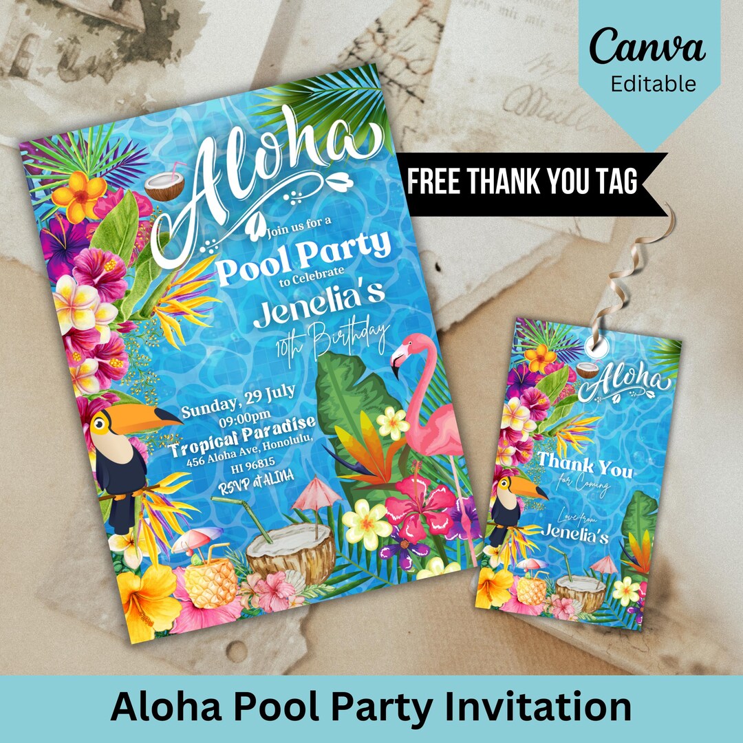 Aloha Pool Party Invitation, Editable Hawaiian Birthday Invitation ...
