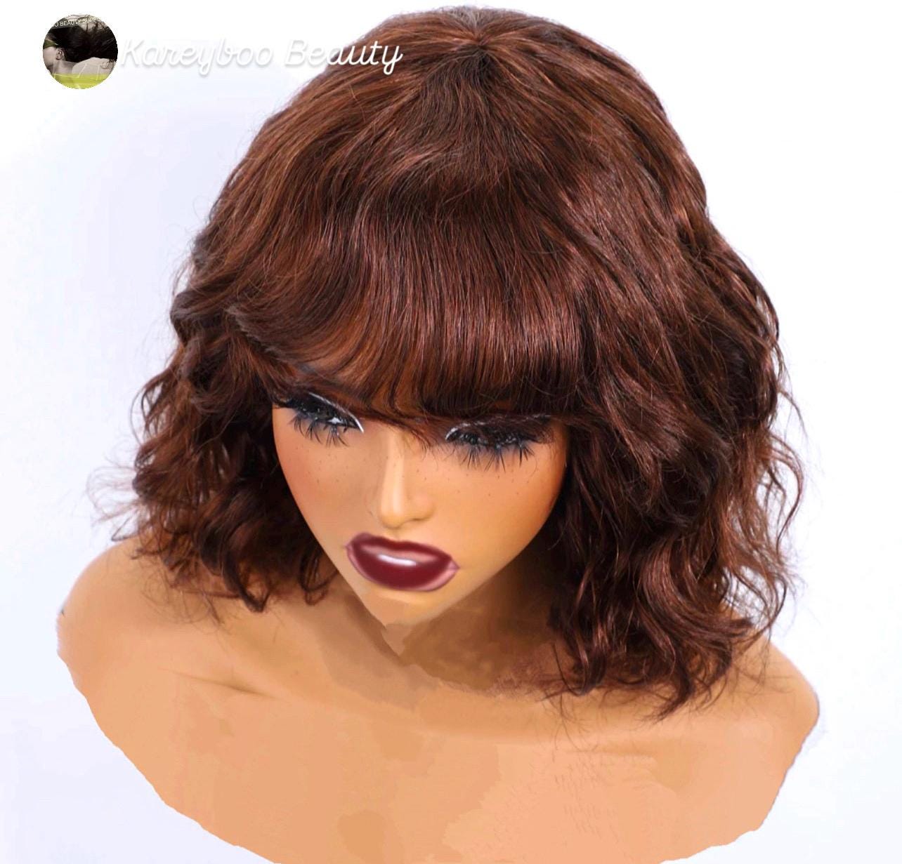 Short Curly Wig With Bangs, Water Wave Curly Human Hair Wig in Natural ...