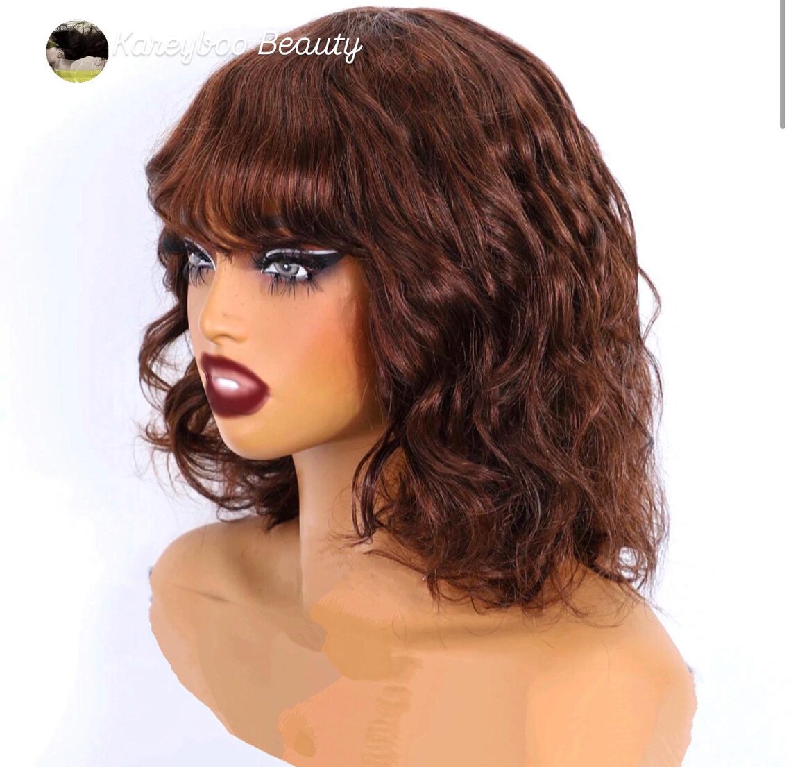 Short Curly Wig With Bangs, Water Wave Curly Human Hair Wig in Natural ...