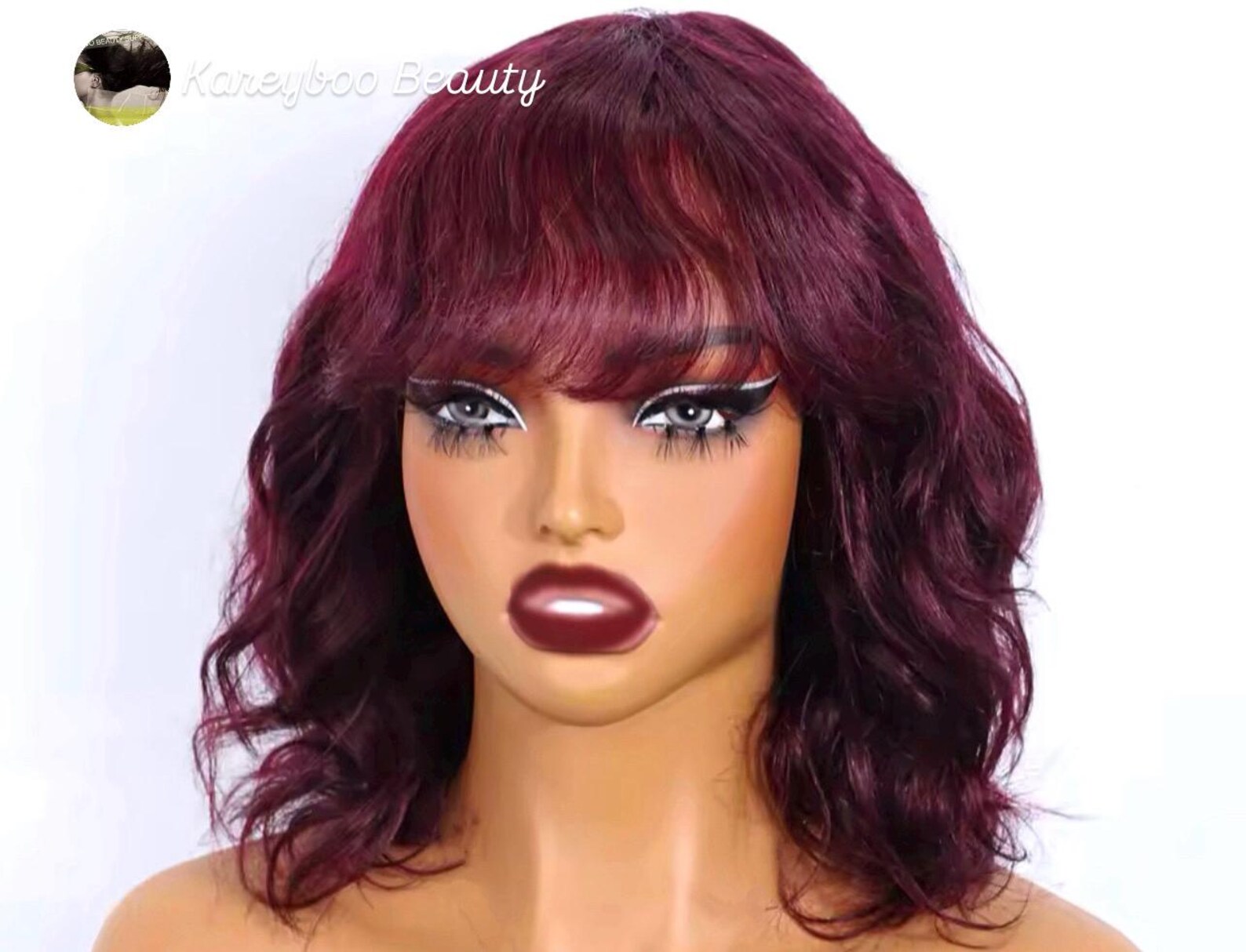 Short Curly Wig With Bangs, Water Wave Curly Human Hair Wig in Natural ...