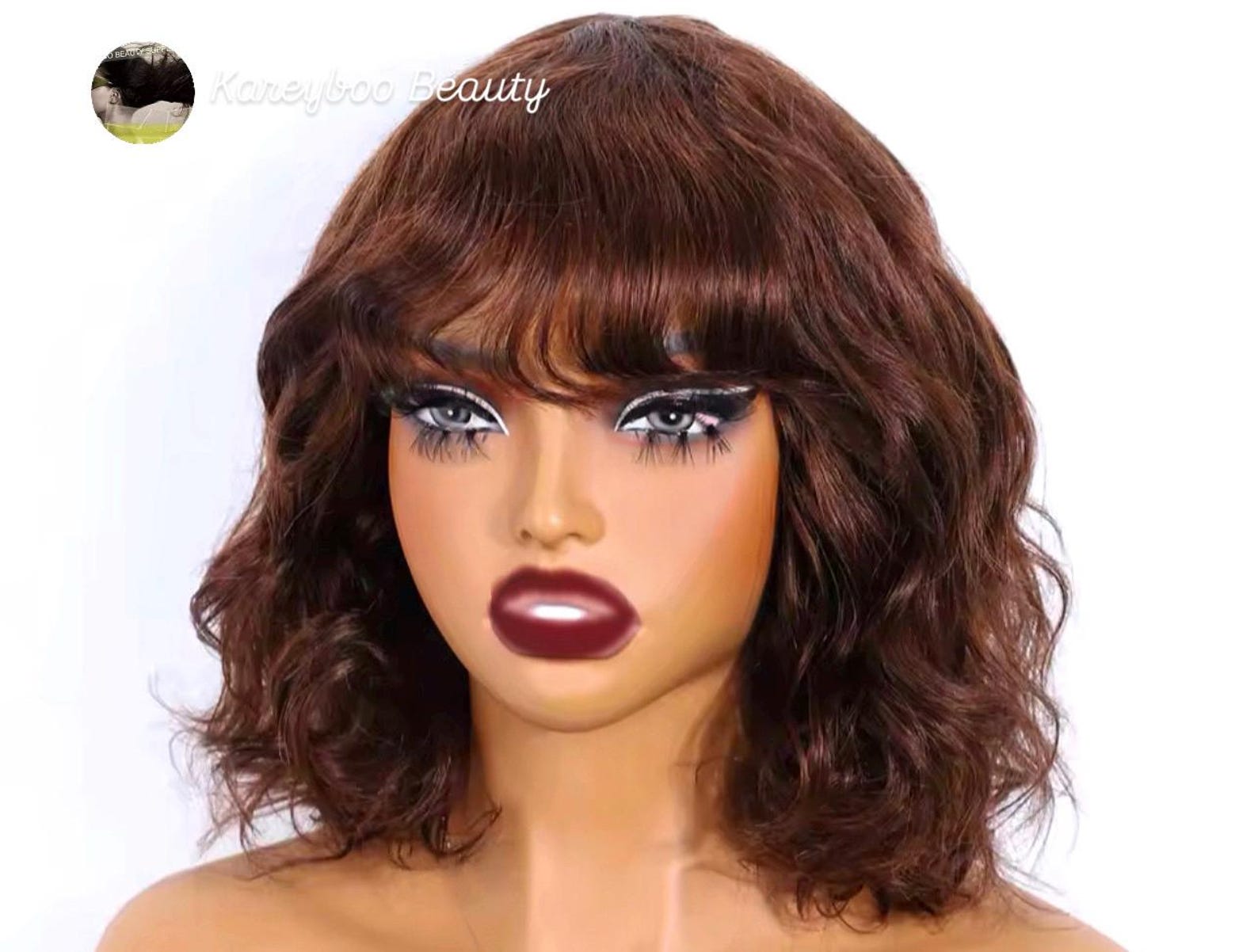 Short Curly Wig With Bangs, Water Wave Curly Human Hair Wig in Natural ...