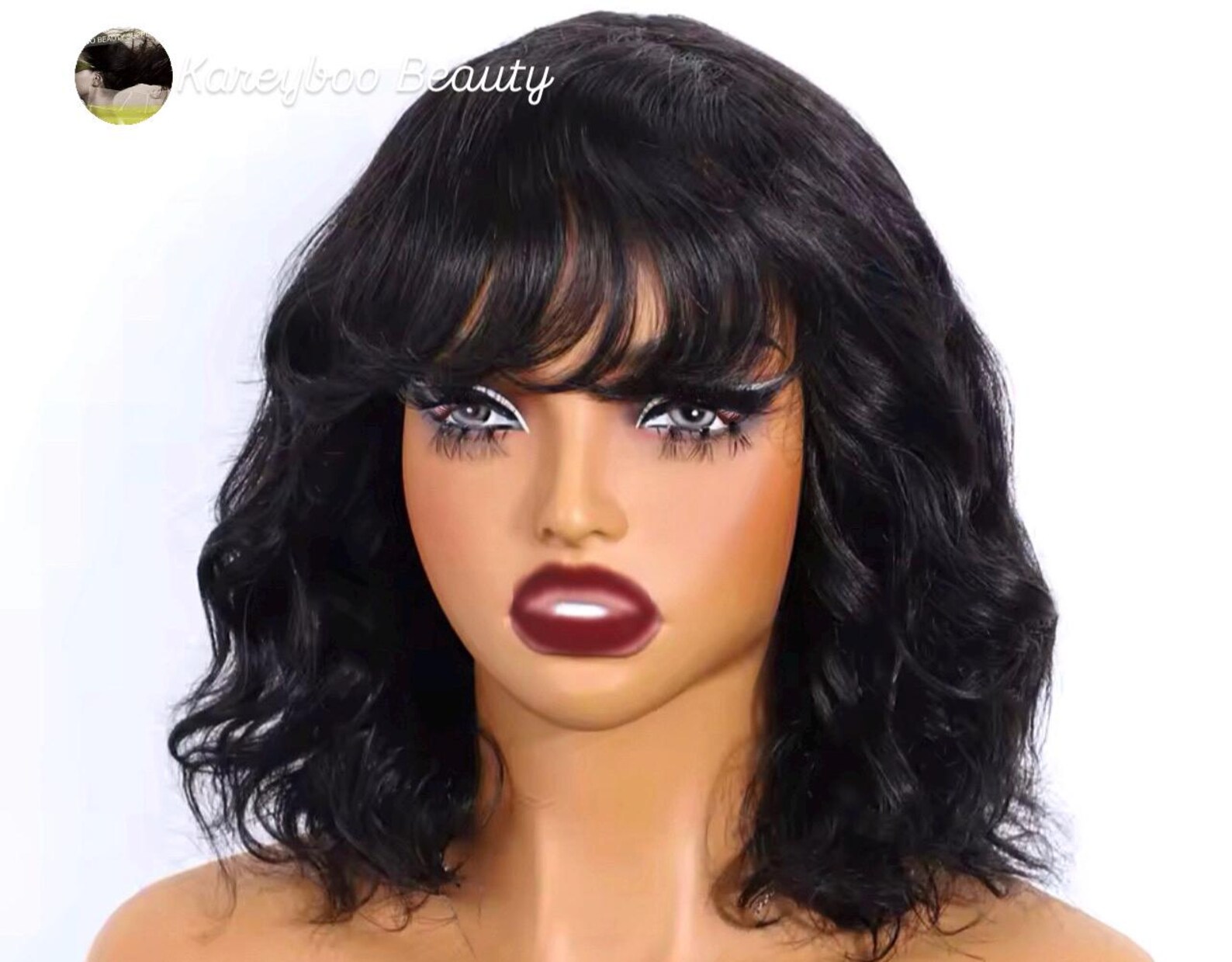 Short Curly Wig With Bangs, Water Wave Curly Human Hair Wig in Natural ...