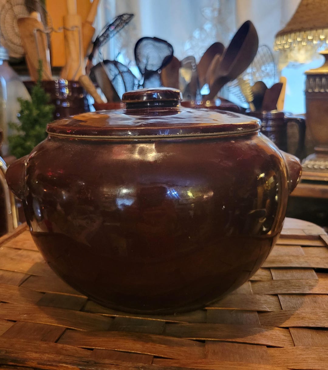 USA Pottery Brown Bean Pot W/ Lid, Vintage Farmhouse Kitchen Decor - Etsy